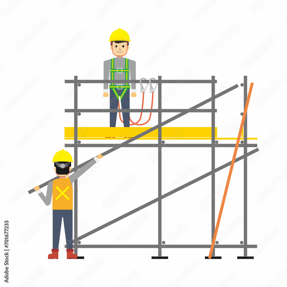 Flat vector of construction workers build a scaffolding illustration ...
