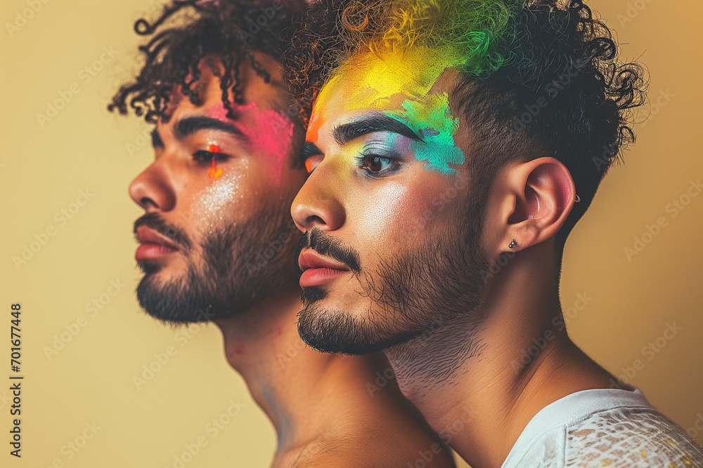 Side profile of two gen z LGBTQ+ men wearing pride makeup Stock Photo ...