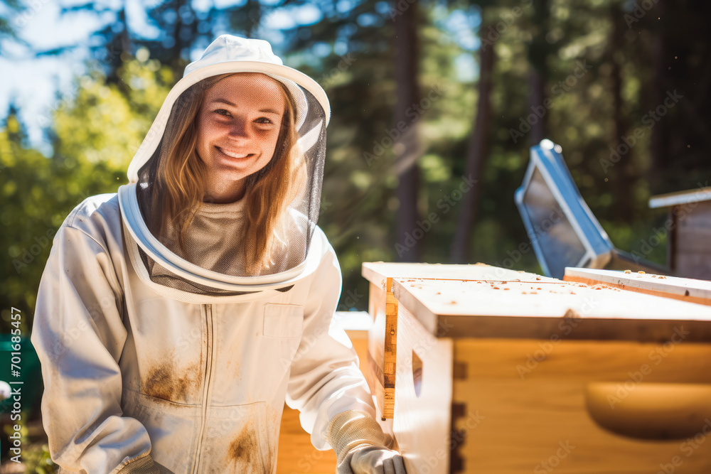 Woman wearing full body protection against bees. Smiling. Behind is bee house, making honey ...
