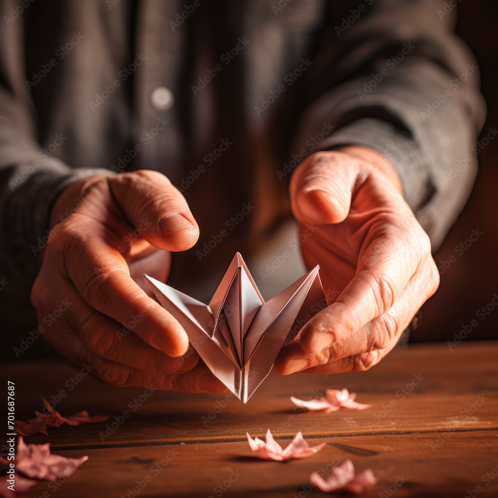 Men's hands fold paper crane shapes. The Japanese art of origami. A ...