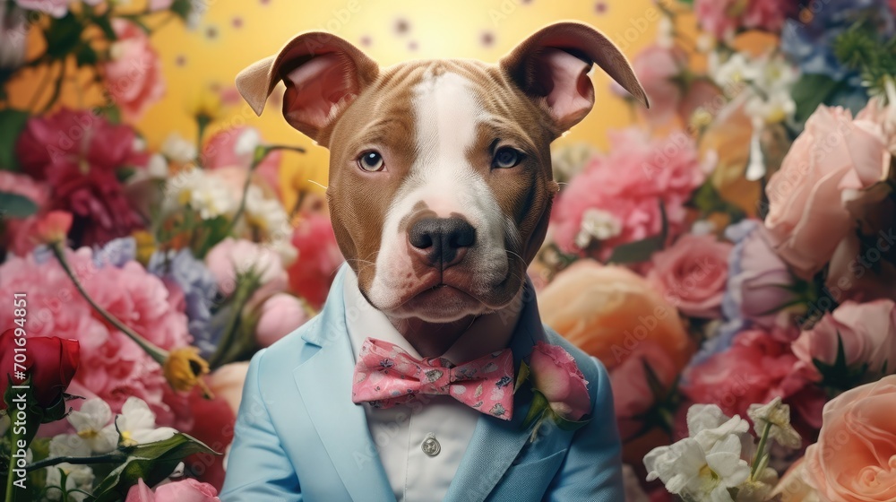 imaginative animal idea. Pitbull puppy dressed in a sharp suit, amid a ...