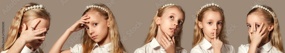 Collage set photos of little stylish cover girl 7-8 year old with ...