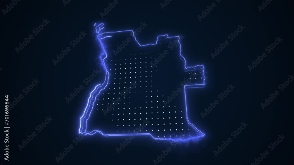 3D Moving Neon Blue Angola Map Borders Outline Loop Background. Neon ...