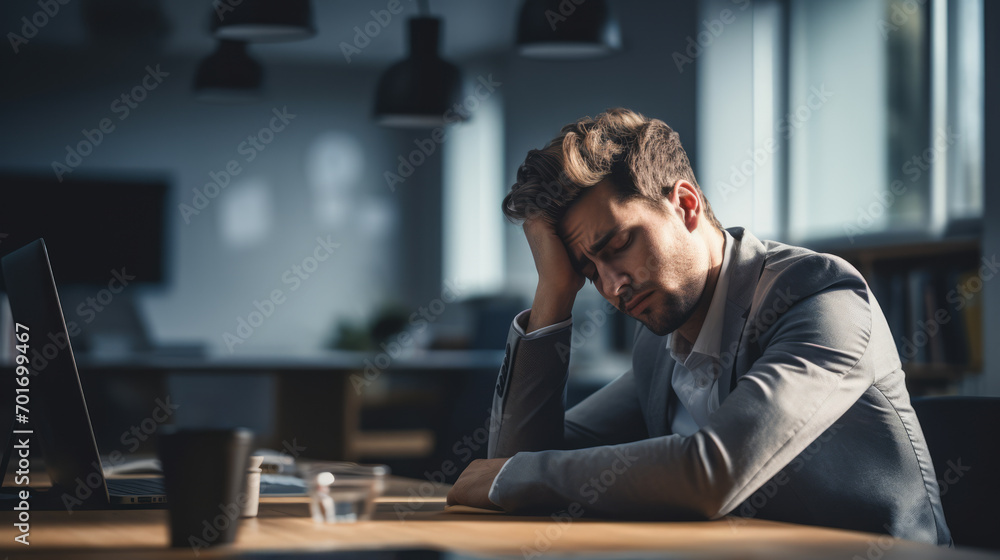 Exhausted male professional facing burnout in office setting. Work-life ...