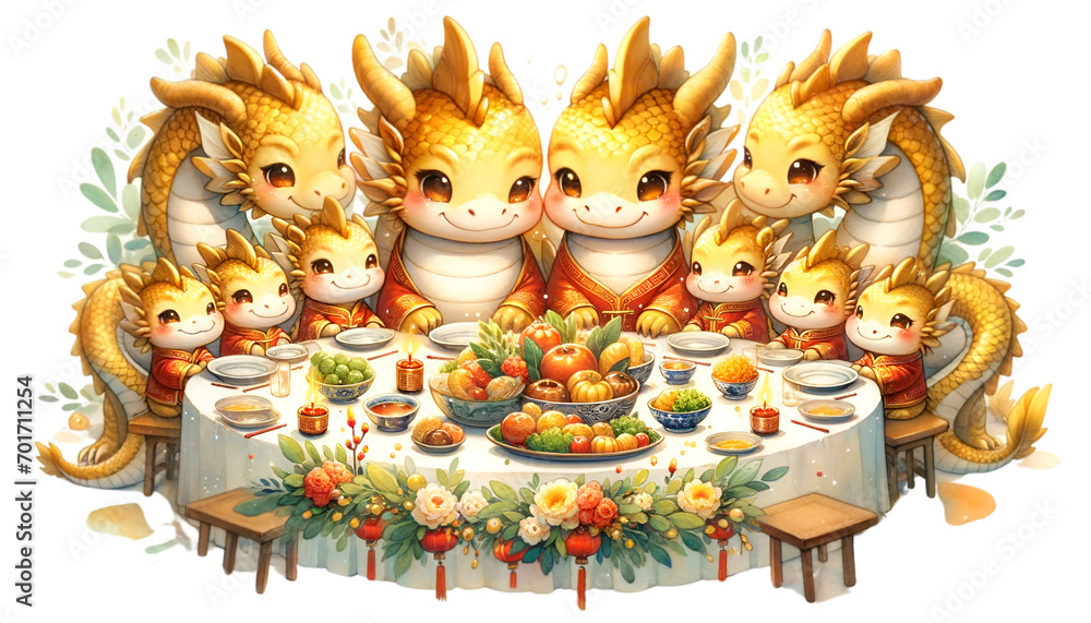 Watercolor of dragon family sitting and have dinner together, dragon ...