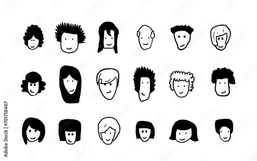 Cartoon head icon set - cute doodle faces. PNG illustration on ...