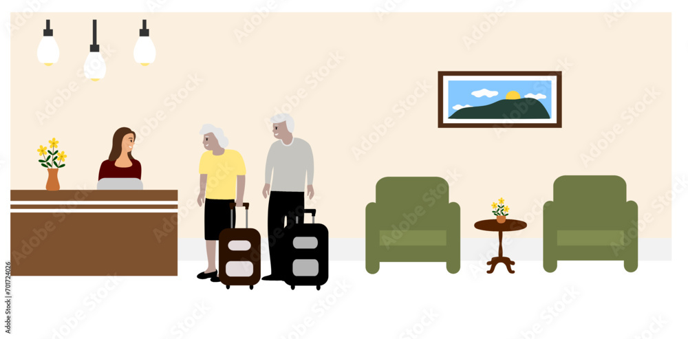 Hotel's reception. Hotel's reception. Happy elderly couple with ...