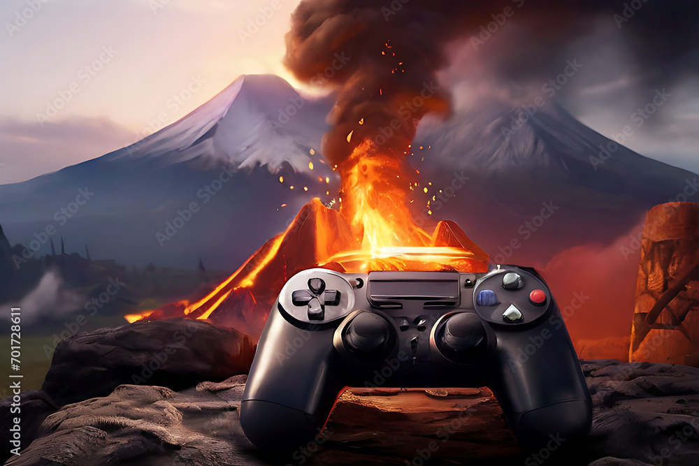 Video game controller with fire and epic medieval volcano in the ...