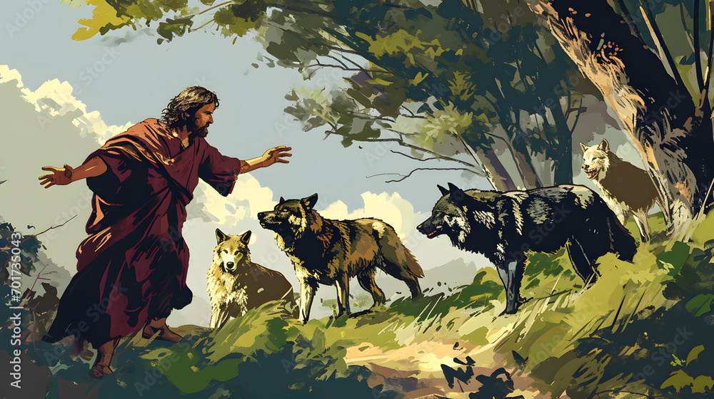 Jesus Christ, good shepherd fighting the wolves at green grazing Stock ...