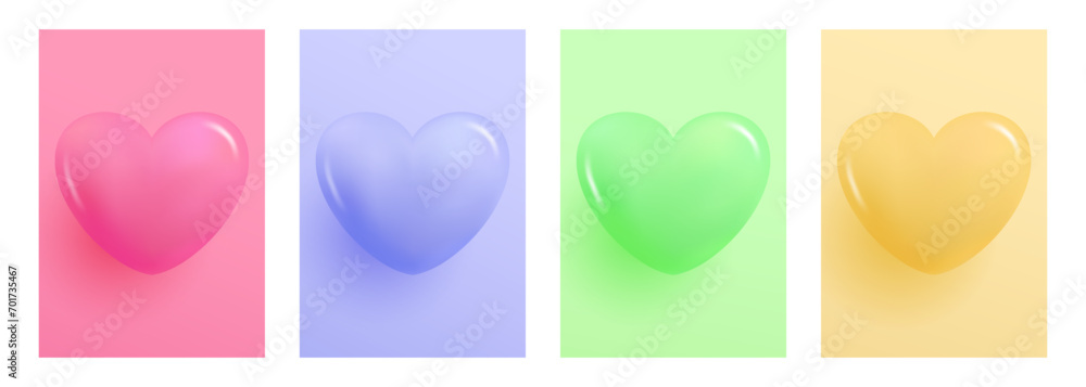 3d glossy hearts. Set of soft color gradient backgrounds with 3d heart ...