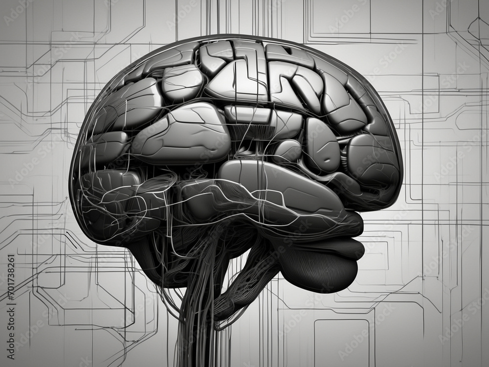 Cerebro en blanco y negro, un concepto tecnológico de las conexiones ...