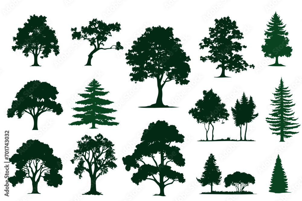 Silhouette tree drawing set, Side view, sketch set of graphics trees ...