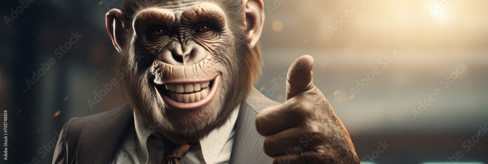 Chimp monkey businessman giving thumbs up. in a stylish classic suit in ...