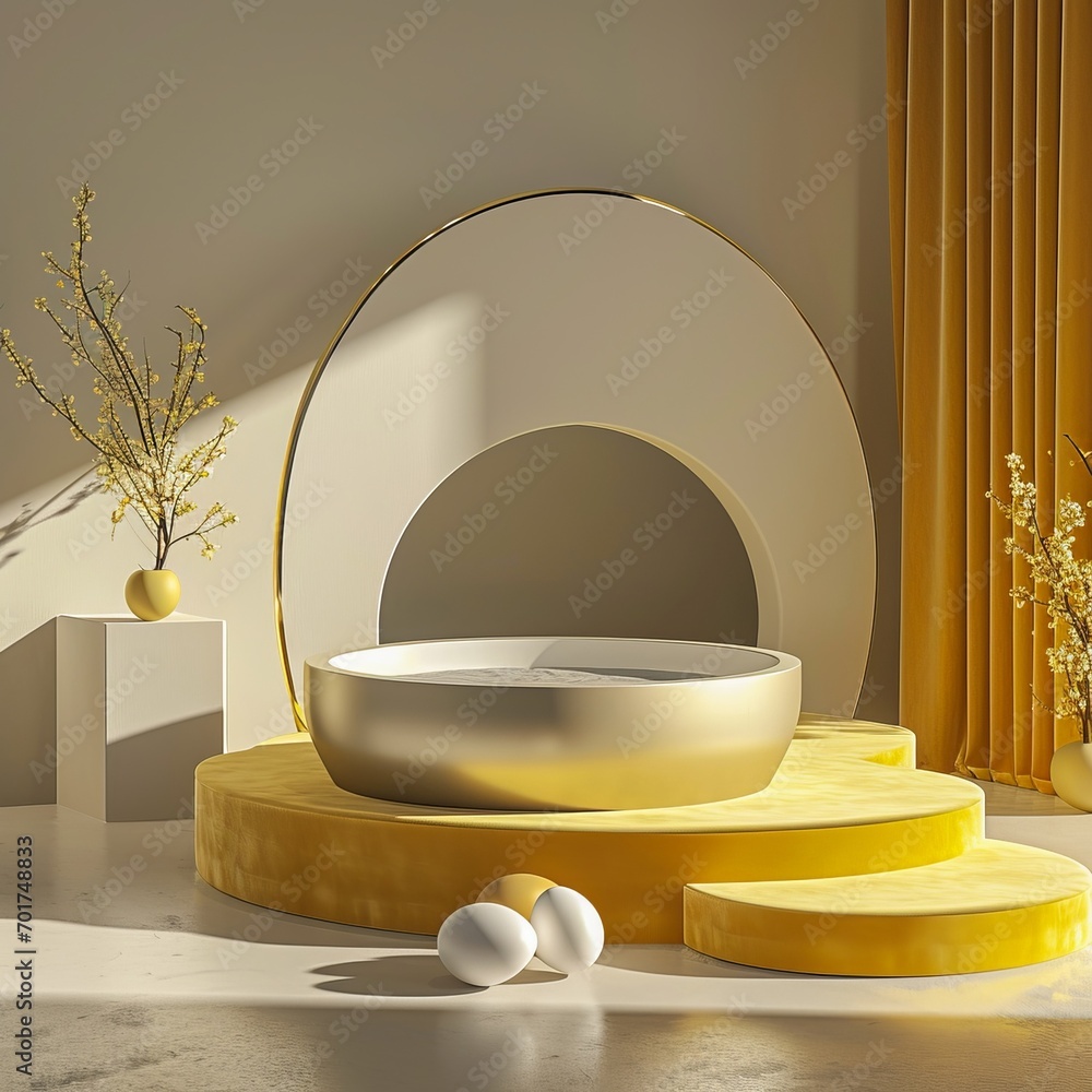 Stylish and contemporary space featuring a circular gold mirror and ...