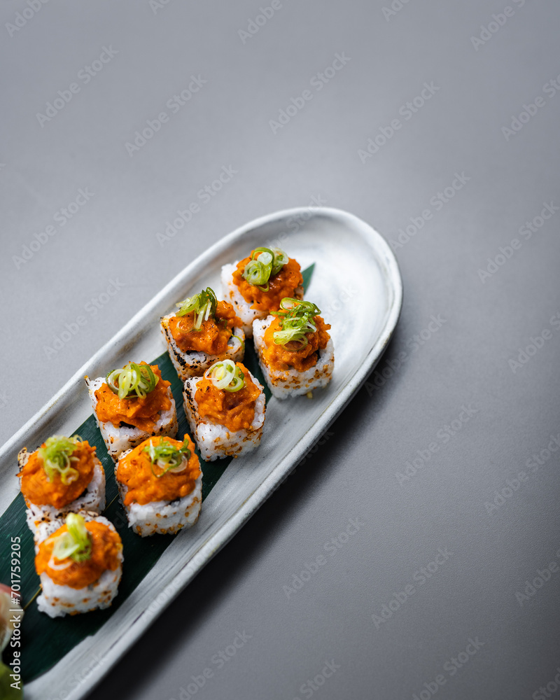 japanese sushi food. Maki ands rolls with tuna, salmon, shrimp, crab ...