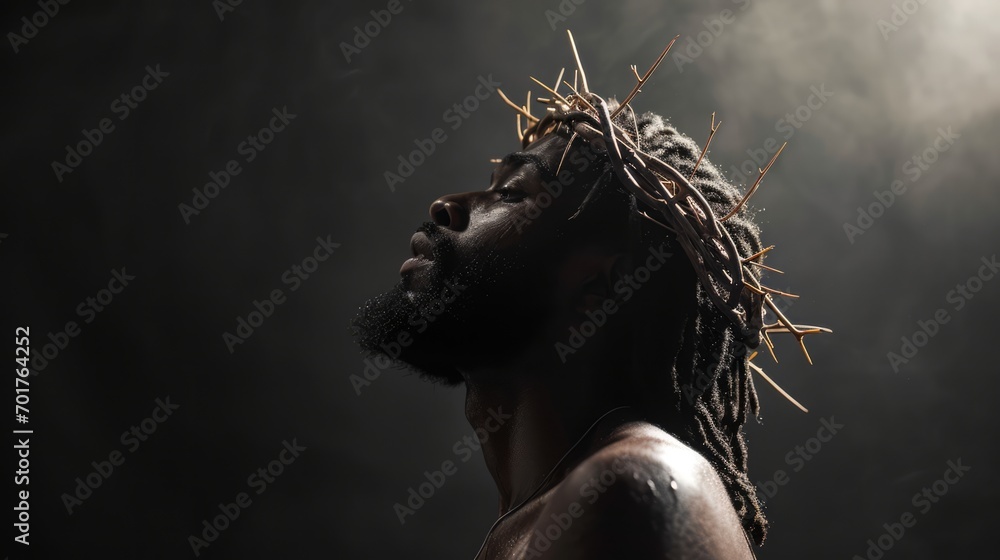 Portrait of black Jesus Christ with crown of thorns on his head ...
