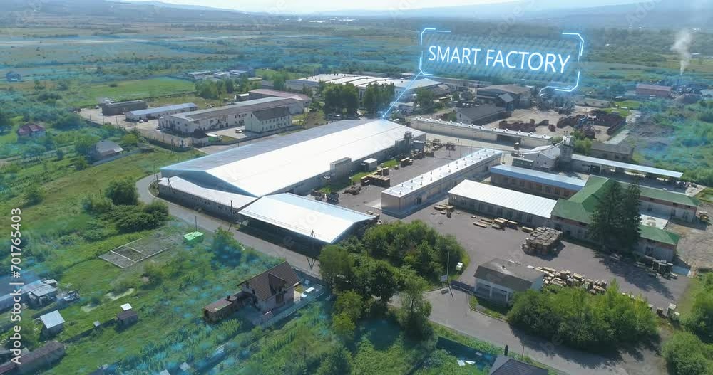 Smart factory top view. The inscription smart factory over a large ...
