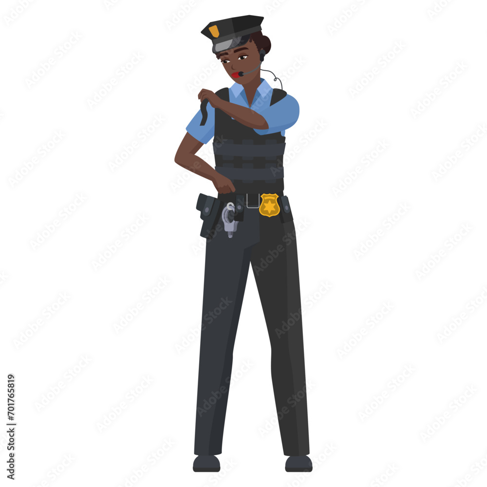 Black police woman in bullet proof vest. African police officer in ...