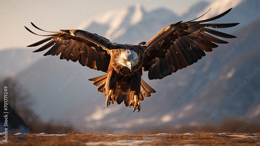 A photograph of a golden eagle that is prepared to fly in an isolated ...