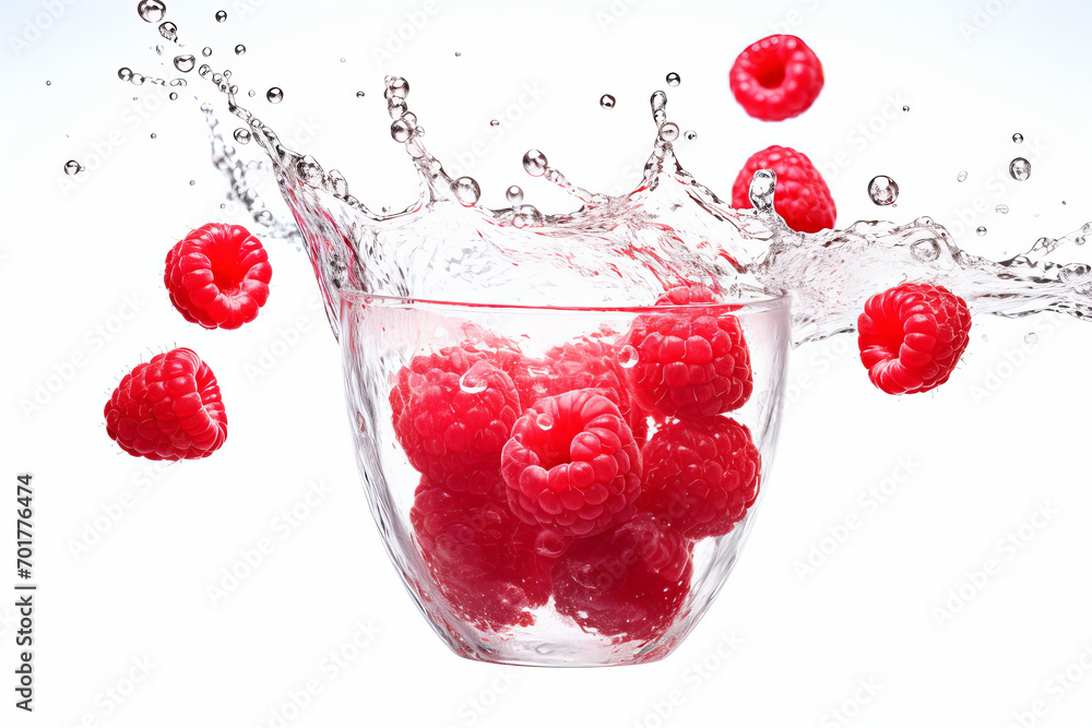 Raspberries Falling into Sparkling Water Bright red raspberries ...