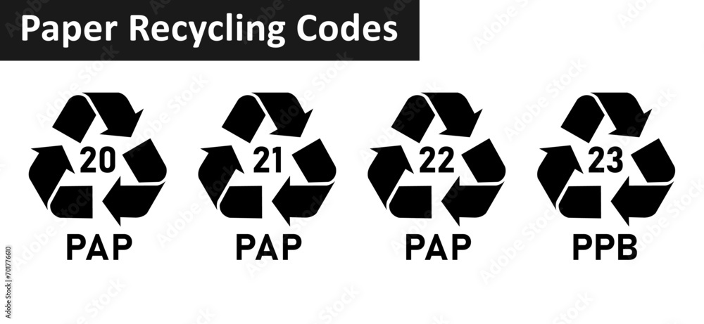 Paper recycling code icon set. Paper cardboard boxes recycling codes 20 ...