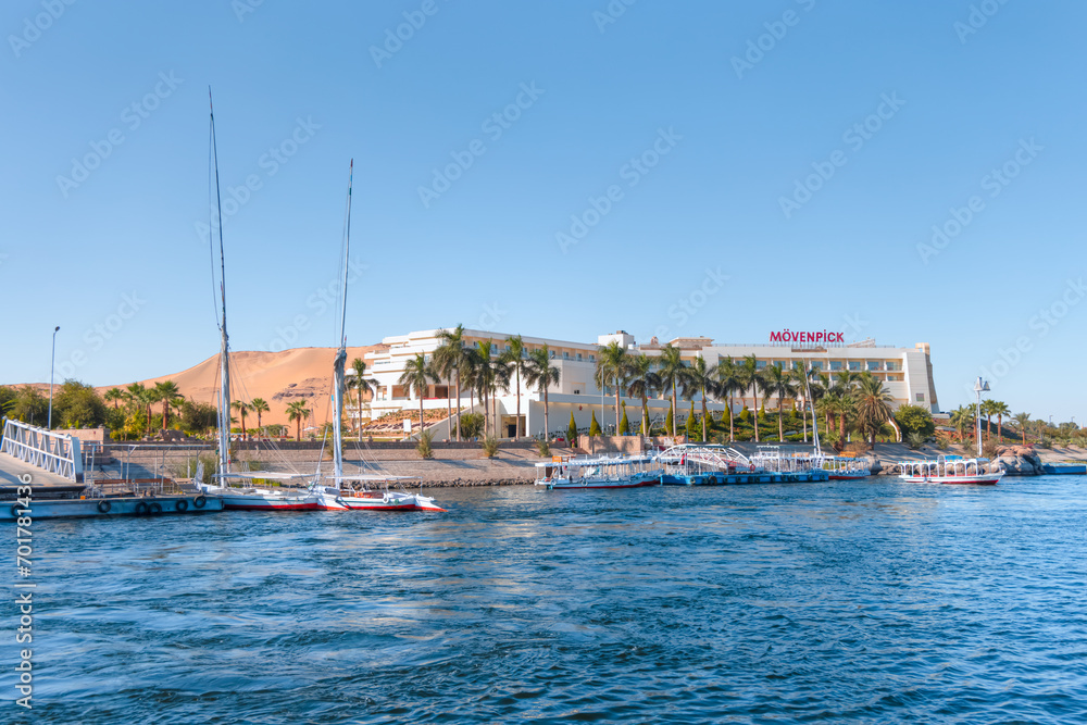 Aswan, Egypt - December 14 2023: Morning at The Nile river at Aswan and ...