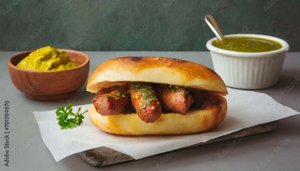 Argentinian typical/traditional dish, ''choripan'' with ''chimichurri ...
