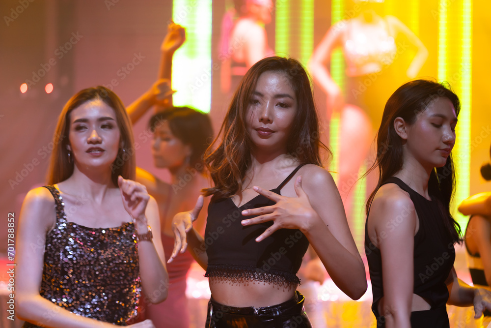 Sexy Young Woman People Dancing And Holding Champagne Glass In Night