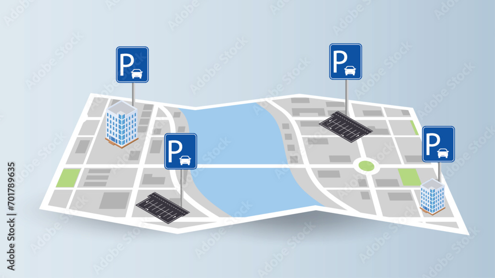 flat background of location route map fold page with parking sign spot ...