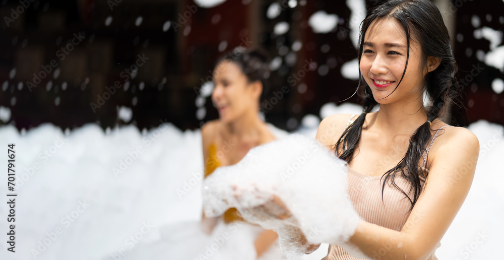 Portrait sexy girl in pool party. Foam party summer entertainment, Happy smiling sexy young ...