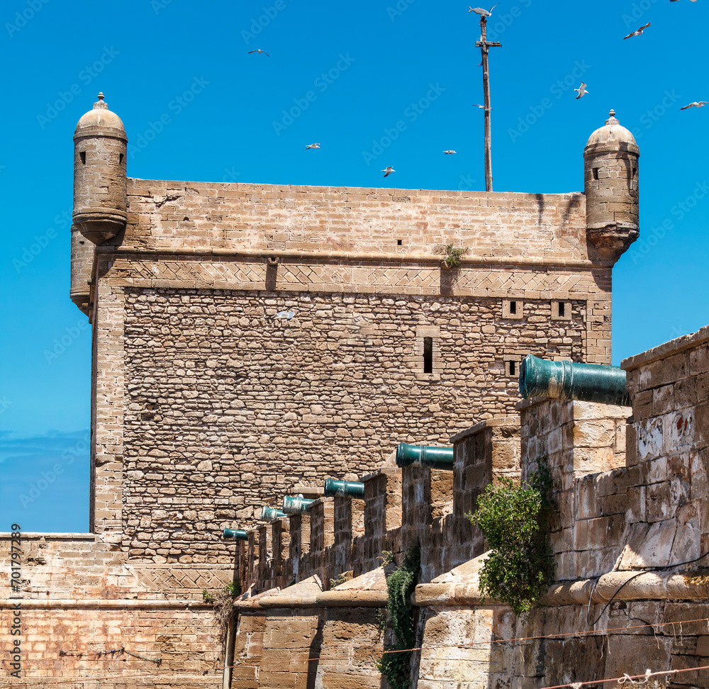 Borj El Barmil, tower of Essaouira ramparts at the harbour of Essaouira ...