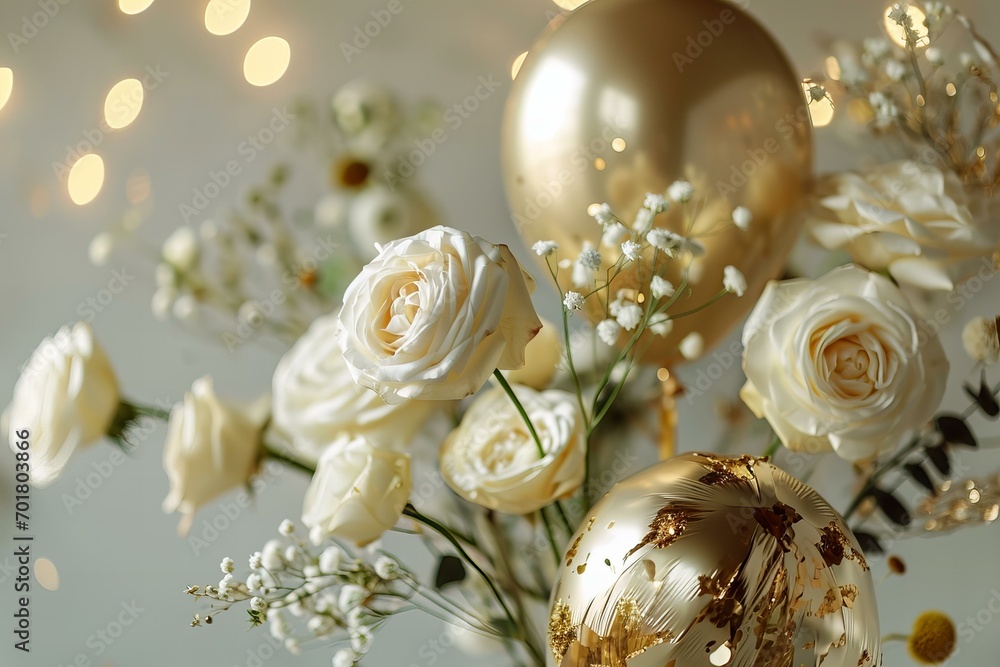 Gold foil balloons with flying white roses and ranunculuses on an ivory ...