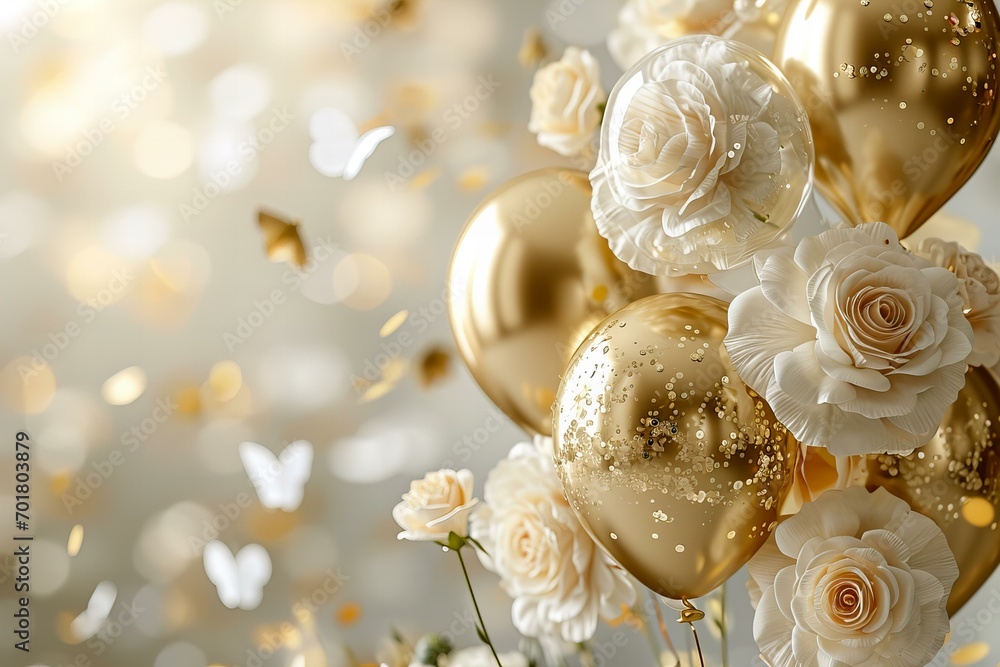 Gold foil balloons with flying white roses and ranunculuses on an ivory ...