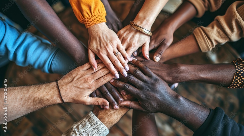 A diverse hands coming together in a symbol of unity, emphasizing the importance of harmony ...