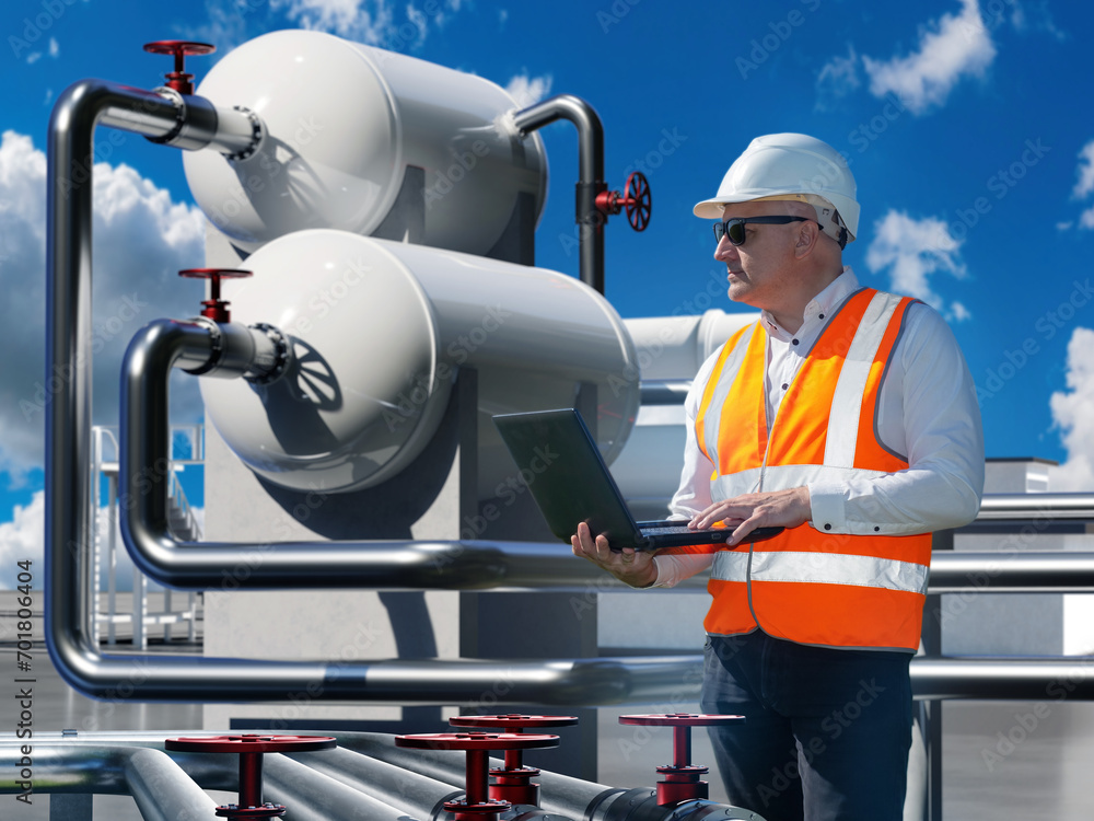 Man engineer. Industrial guy with laptop. Pipes and tanks for oil ...