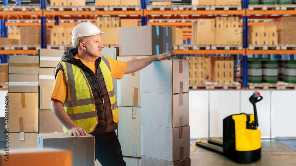 Customs warehouse employee. Man stands inside vault. Loader in ...