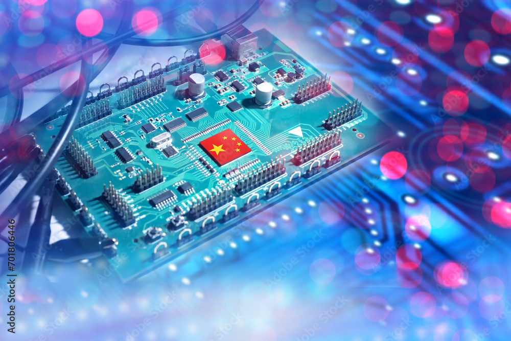 Microchip With China Flag Production Of Computer Components Production Of Microchips In China