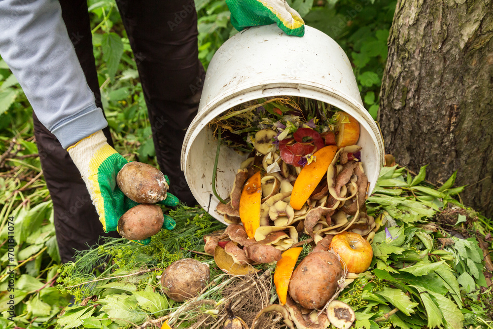 Compost heap pile with bio waste. Farmer gardener hands put vegetable ...