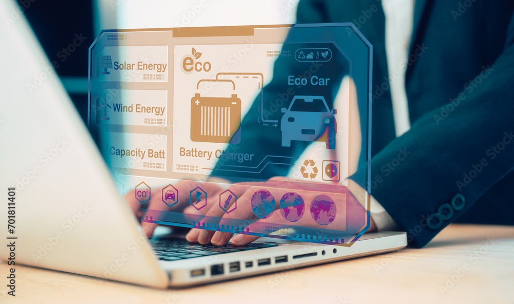 Businessman typing on laptop working on virtual screen of reduce CO2 ...