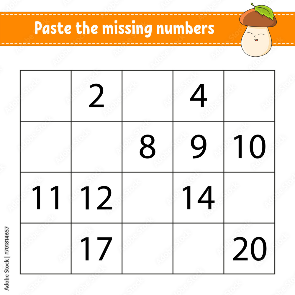 Paste the missing numbers 1-20. Game for children. Handwriting practice ...