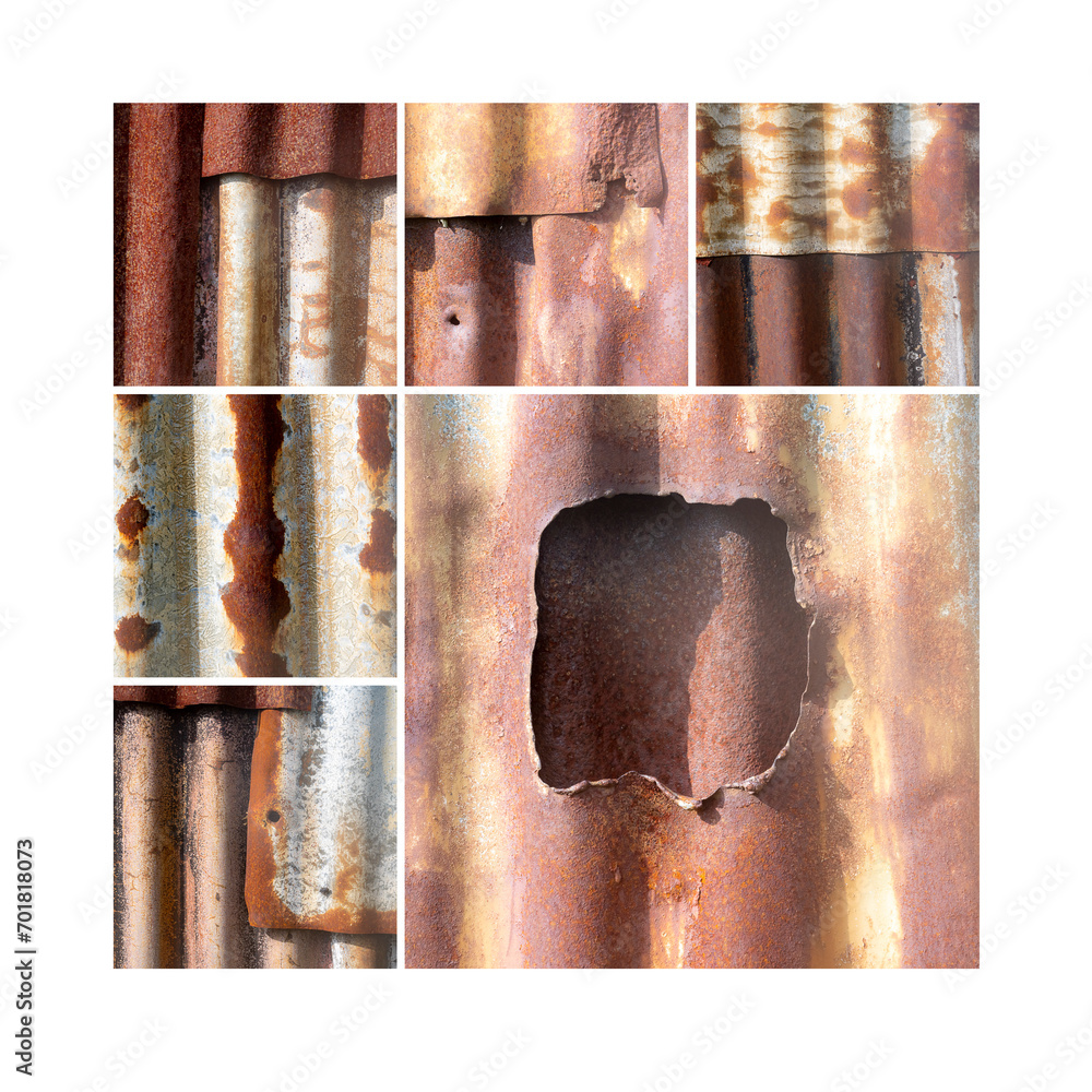 Panel of 6 images of a rusted and patched up corrugated iron bard Stock ...