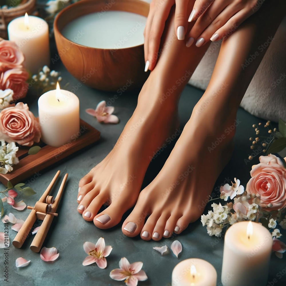 Women's feet at spa salon on pedicure procedure. Beautiful female feet ...