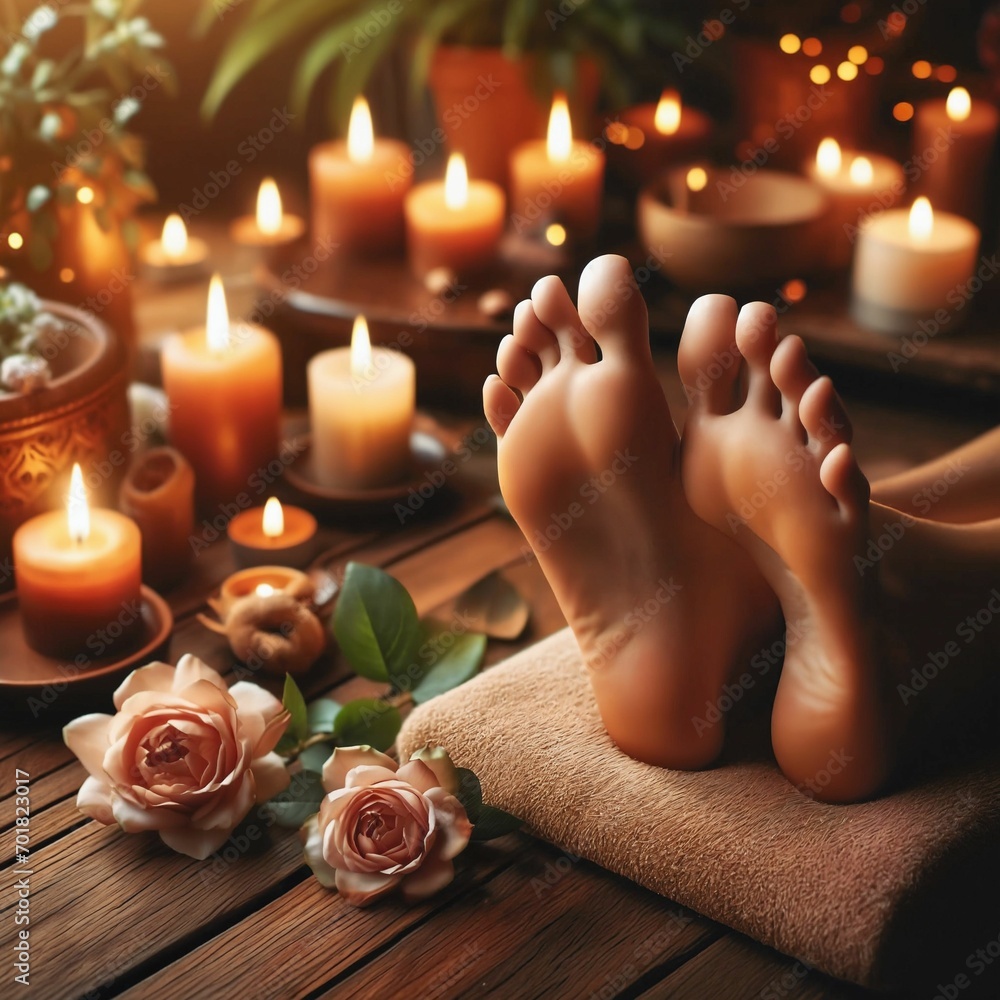 Women's feet at spa salon on pedicure procedure. Beautiful female feet ...