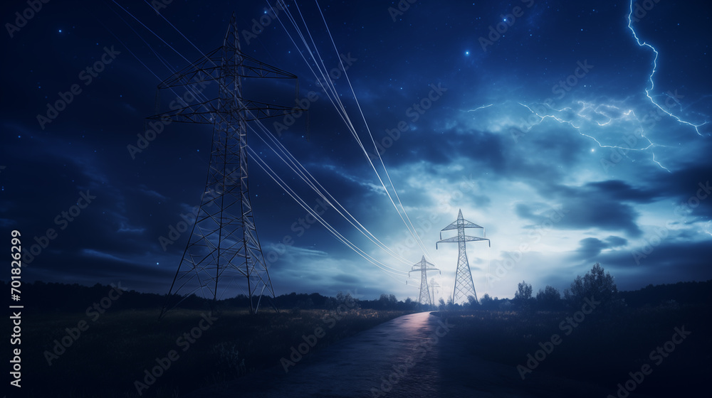 High voltage transmission towers at night. High voltage energy ...