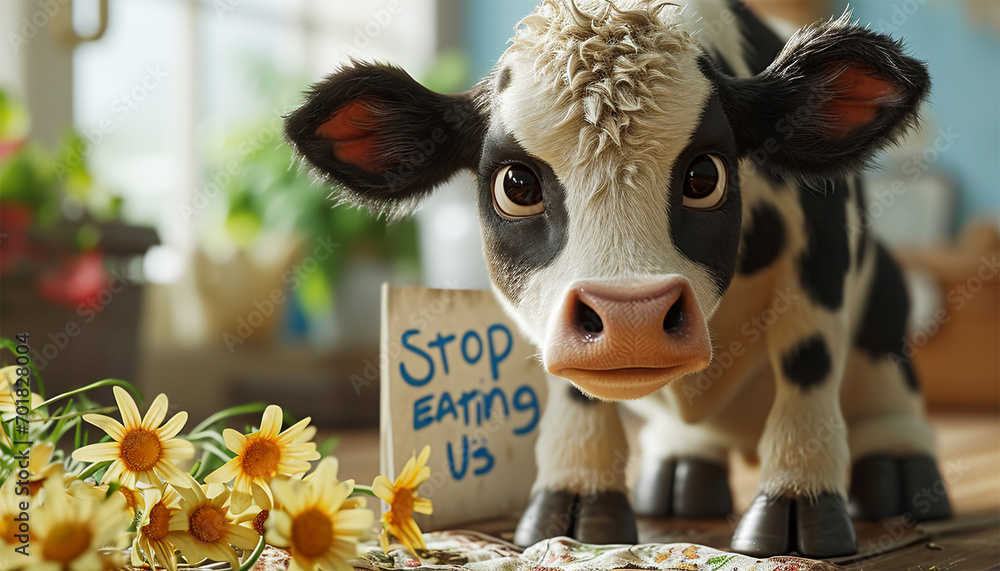 Cute sad cow by sign with the text "please don't eat me'' Cross Cut of ...