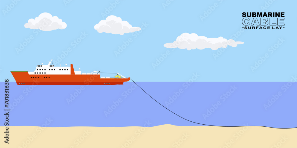 Illustration of a submarine cable, laying a cable on the surface of the ...