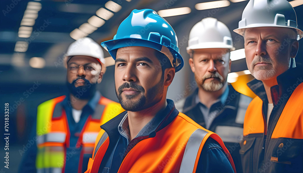Workers in hard hats and overalls on a neutral background, screen ...
