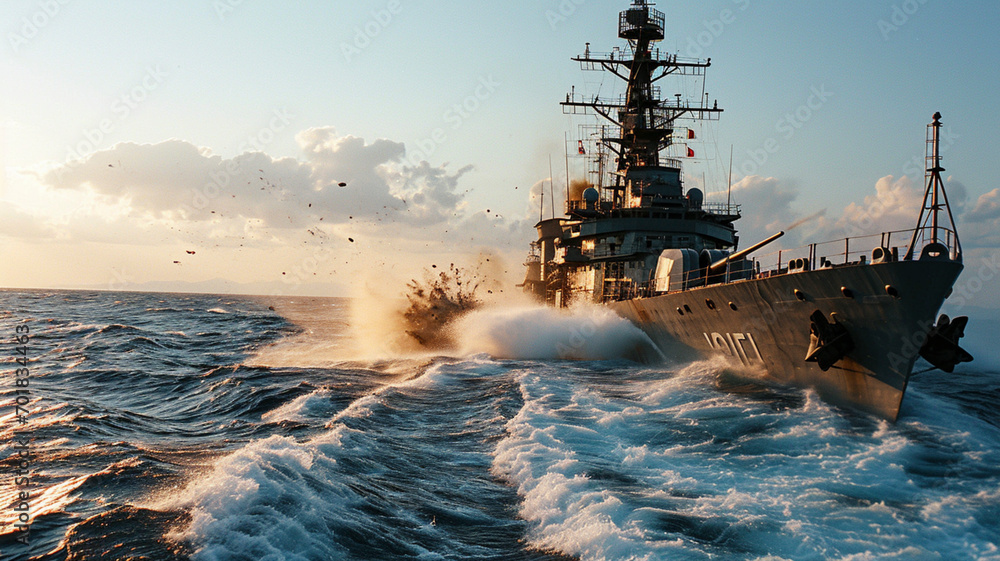 A ship was hit by an exploding sea mine on a shipping route Stock Photo ...