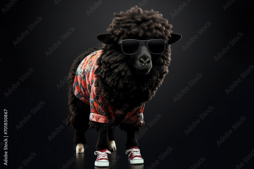 Cool looking black sheep wearing suit, tie and sunglasses isolated on dark background. ai ...