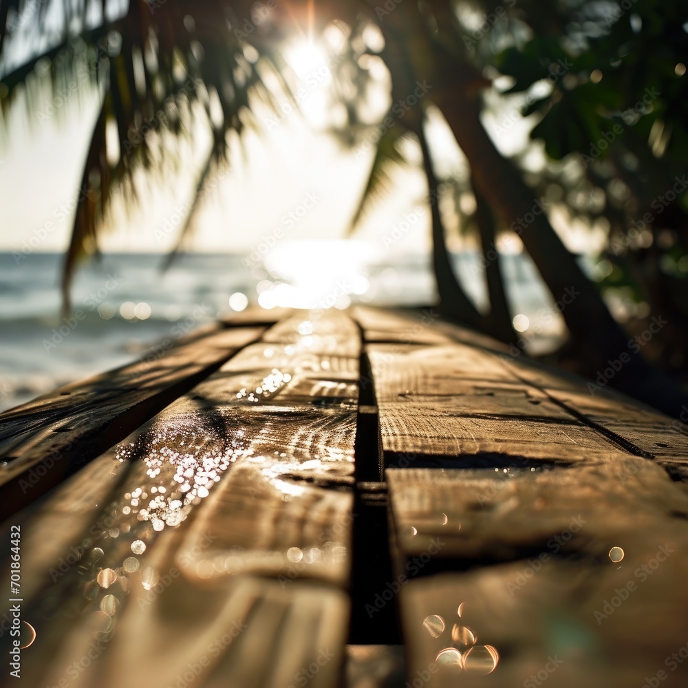 An inviting scene of a wooden deck leading the gaze to a sparkling sea ...